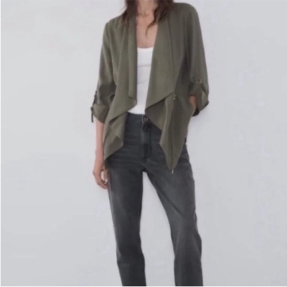 Zara | Jackets & Coats | Zara Open Drape Front Utility Jacket Olive ...